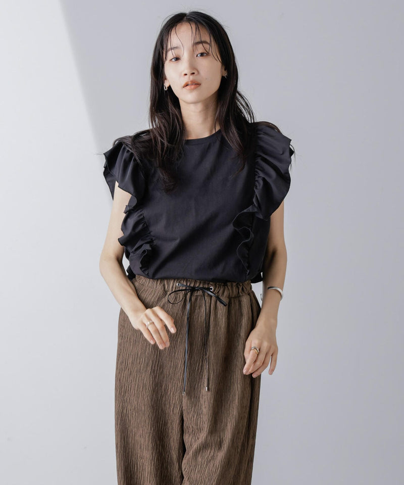 異素材コンビフリルスリーブカット トップス
