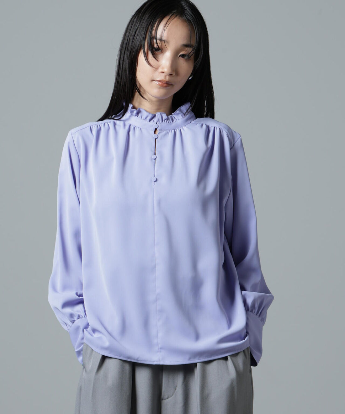 2way スタンドカラー ギャザー ブラウス