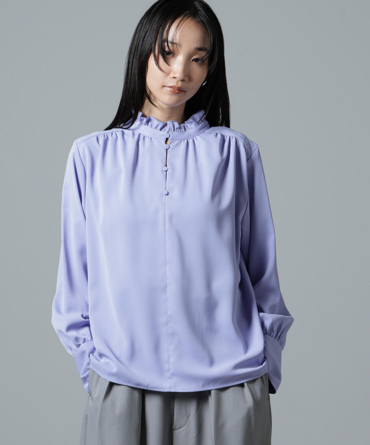 2way スタンドカラー ギャザー ブラウス